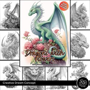 Flower Dragon Fantasy Coloring Page Book for Adults and Kids Instant ...