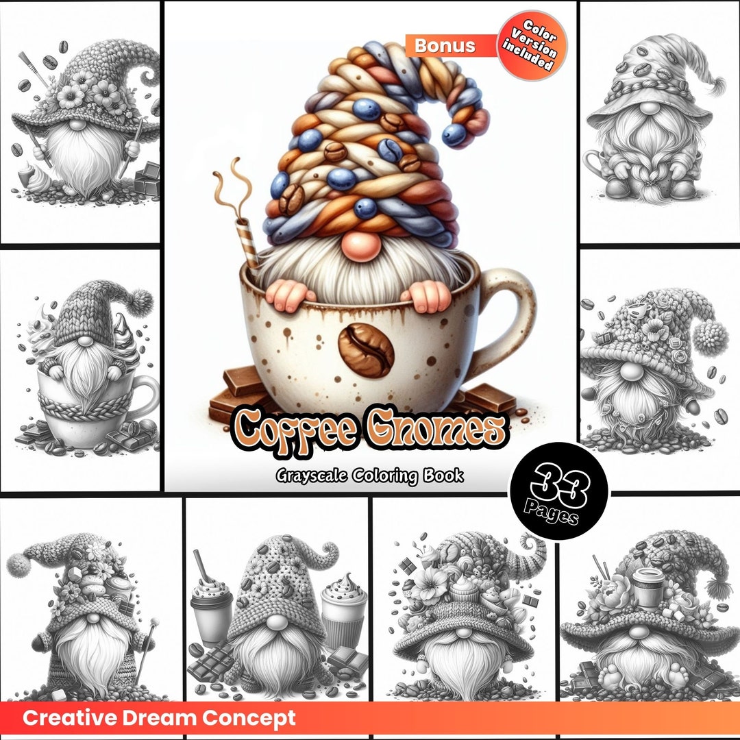 Coffee Gnomes Coloring Page for Adults Cute Gnomes Loves Coffee ...