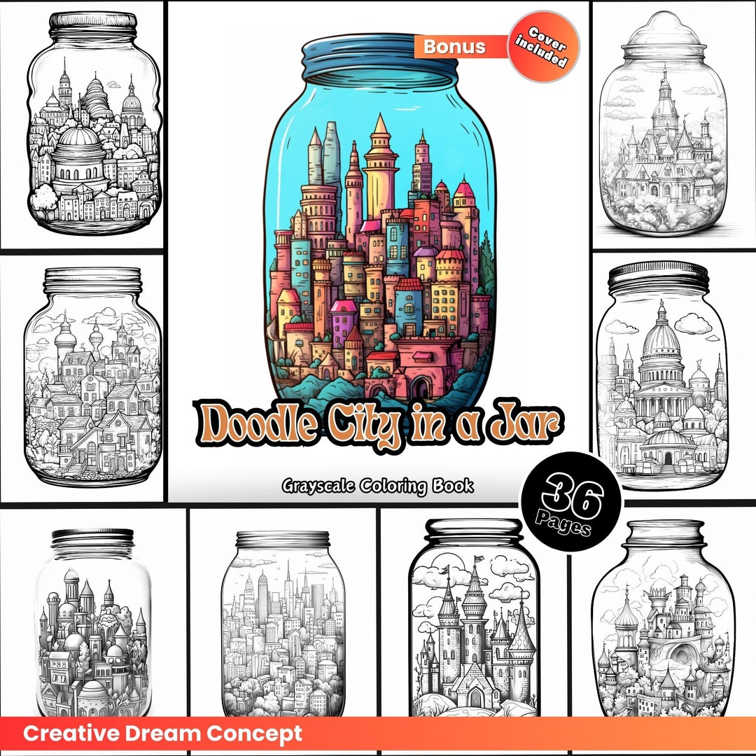 Doodle City in a Jar Coloring Page for Adults Cute Landscape Coloring ...