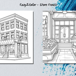 Storefronts Coloring Printable for Adults and Kids, Grayscale Easy to ...