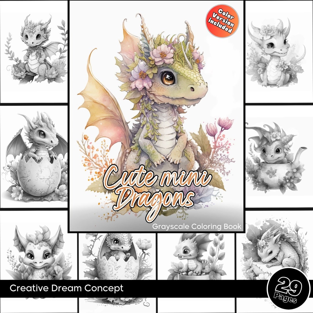 Fall Dragons Coloring Book Adults Cute Baby Dragon Grayscale Coloring ...