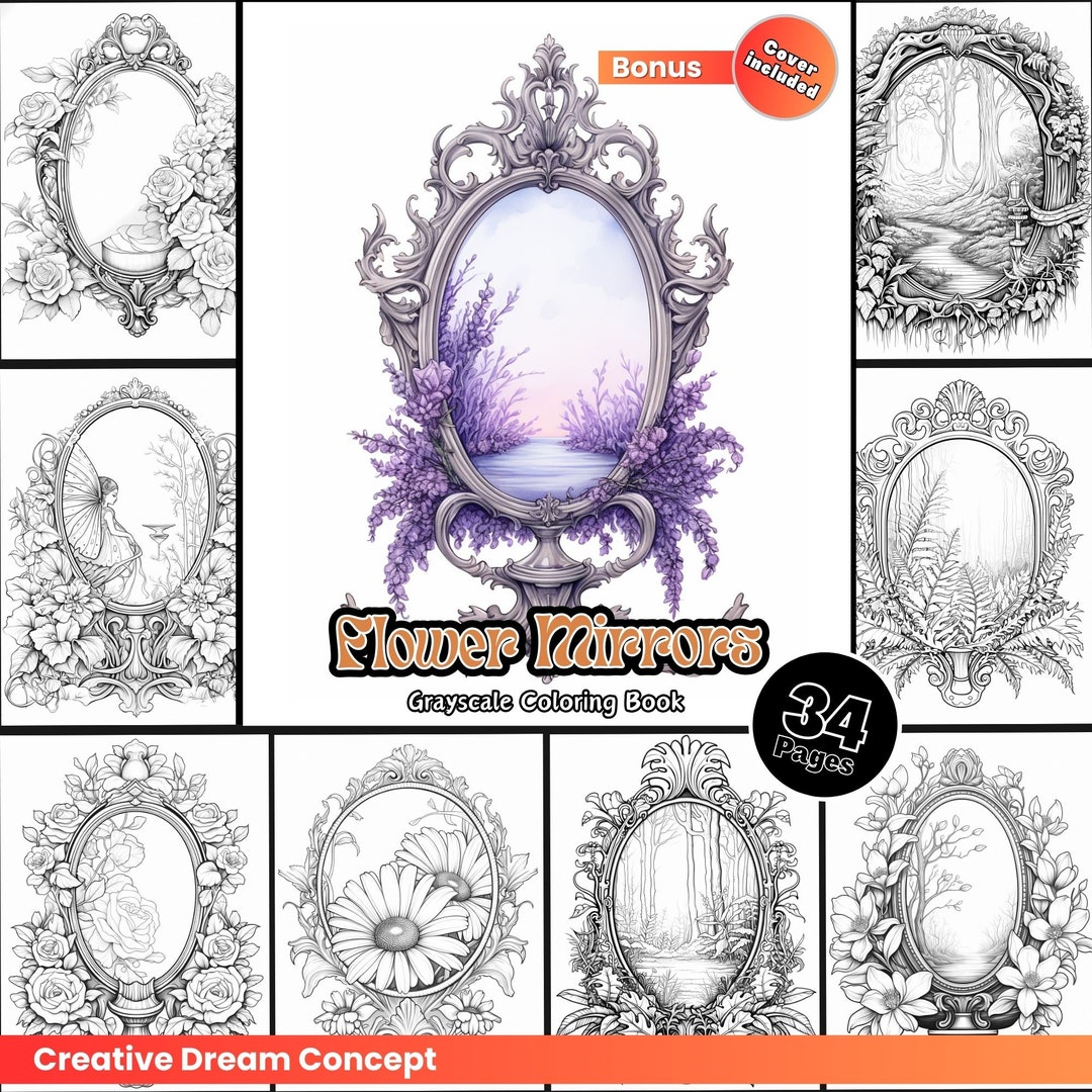 Flower Mirrors Coloring Page for Adults Cute Coloring Book for Kids ...