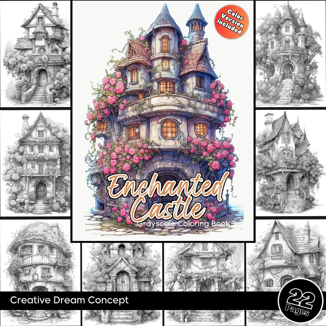 Enchanted Castle Coloring Pages for Adults Fort Flower House Grayscale ...