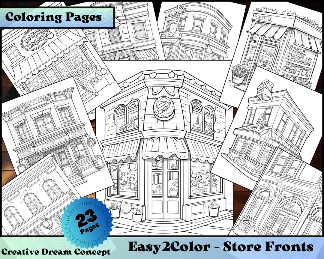 Storefronts Coloring Printable for Adults and Kids, Grayscale Easy to ...