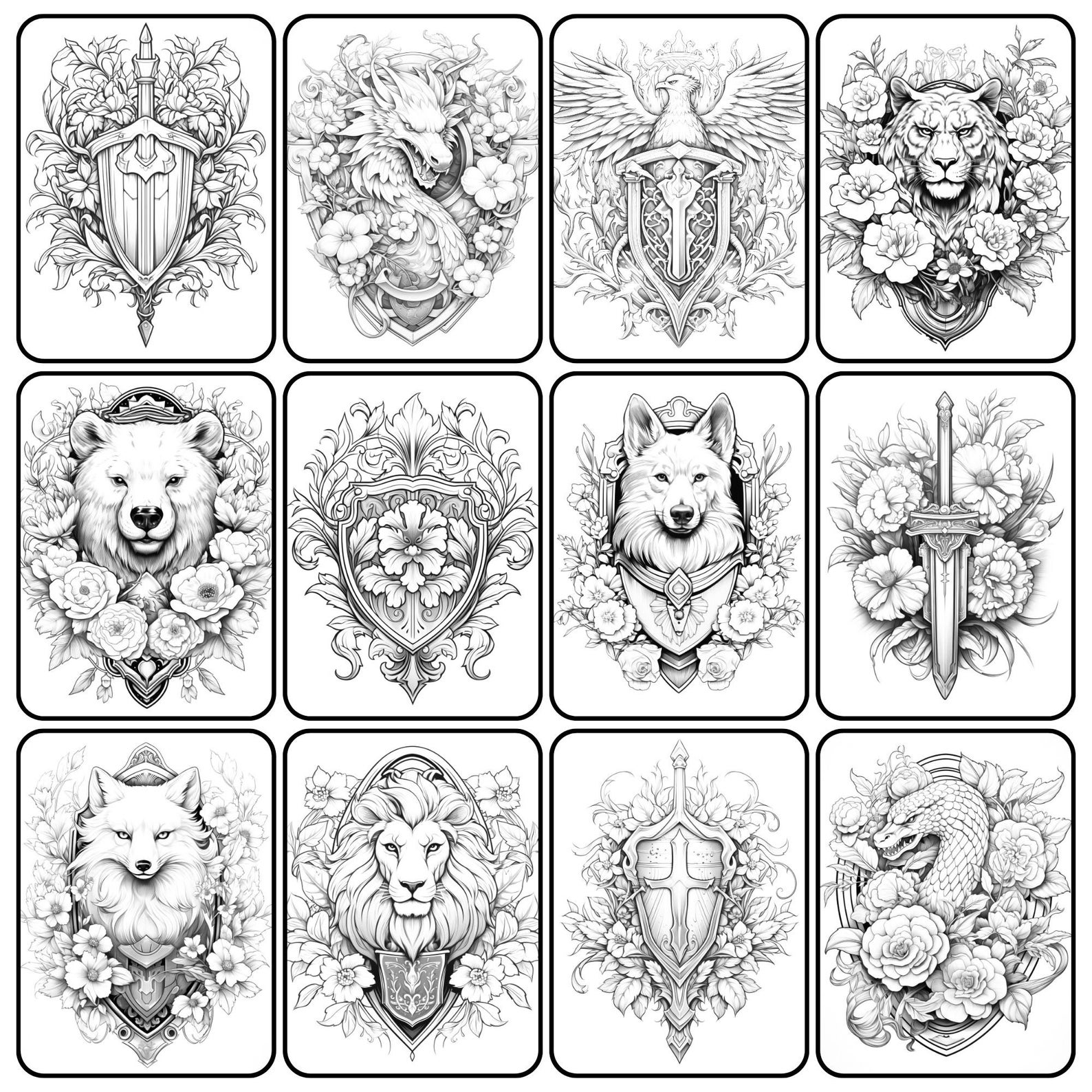 Coat of Arms Coloring Page for Adults Lion Flower Coloring Book ...