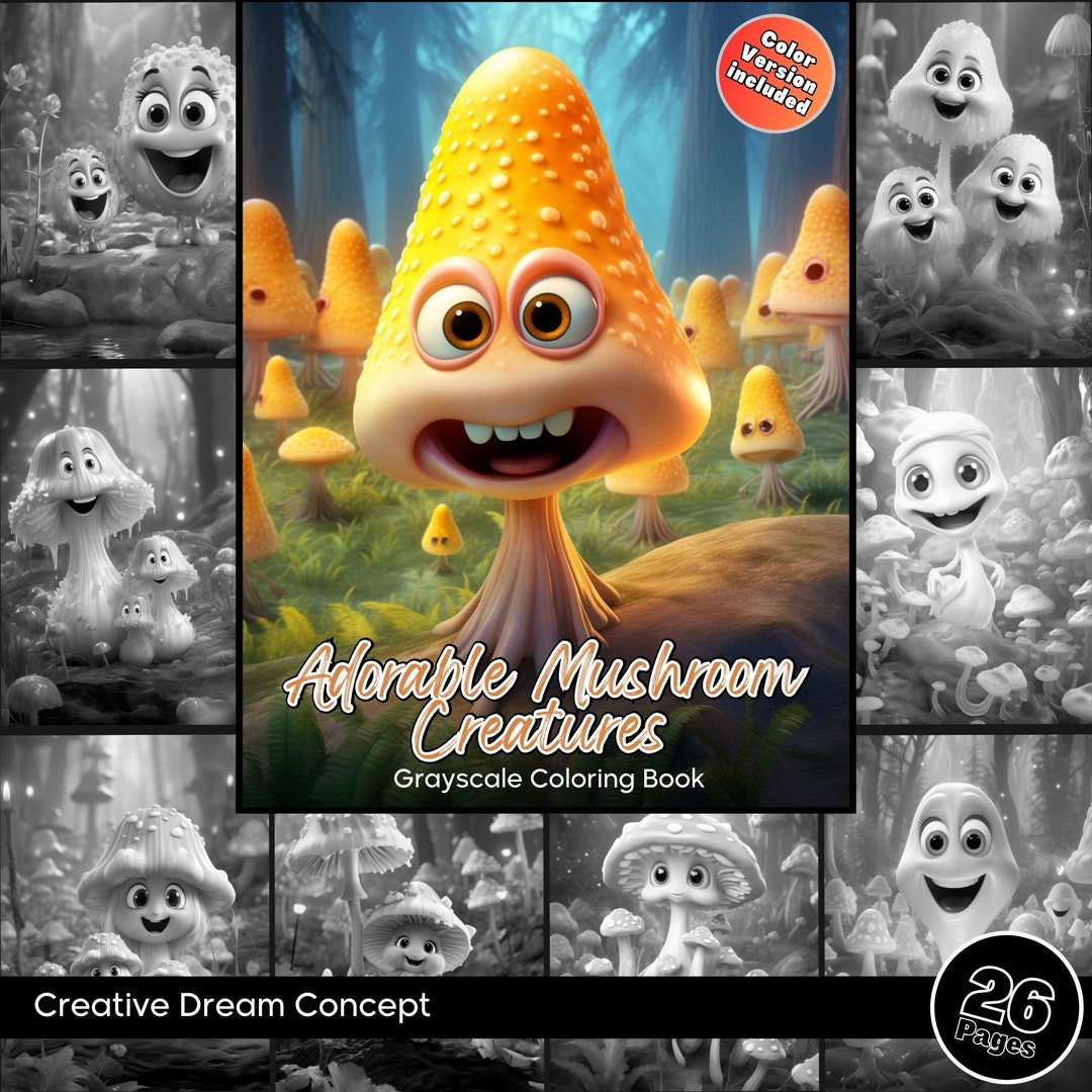 Adorable Mushroom Creatures Coloring Page for Adults Cute Monsters ...