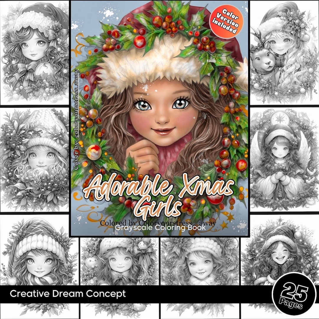Adorable Xmas Girls Coloring Page for Adults Cute Chrismas Girls ...