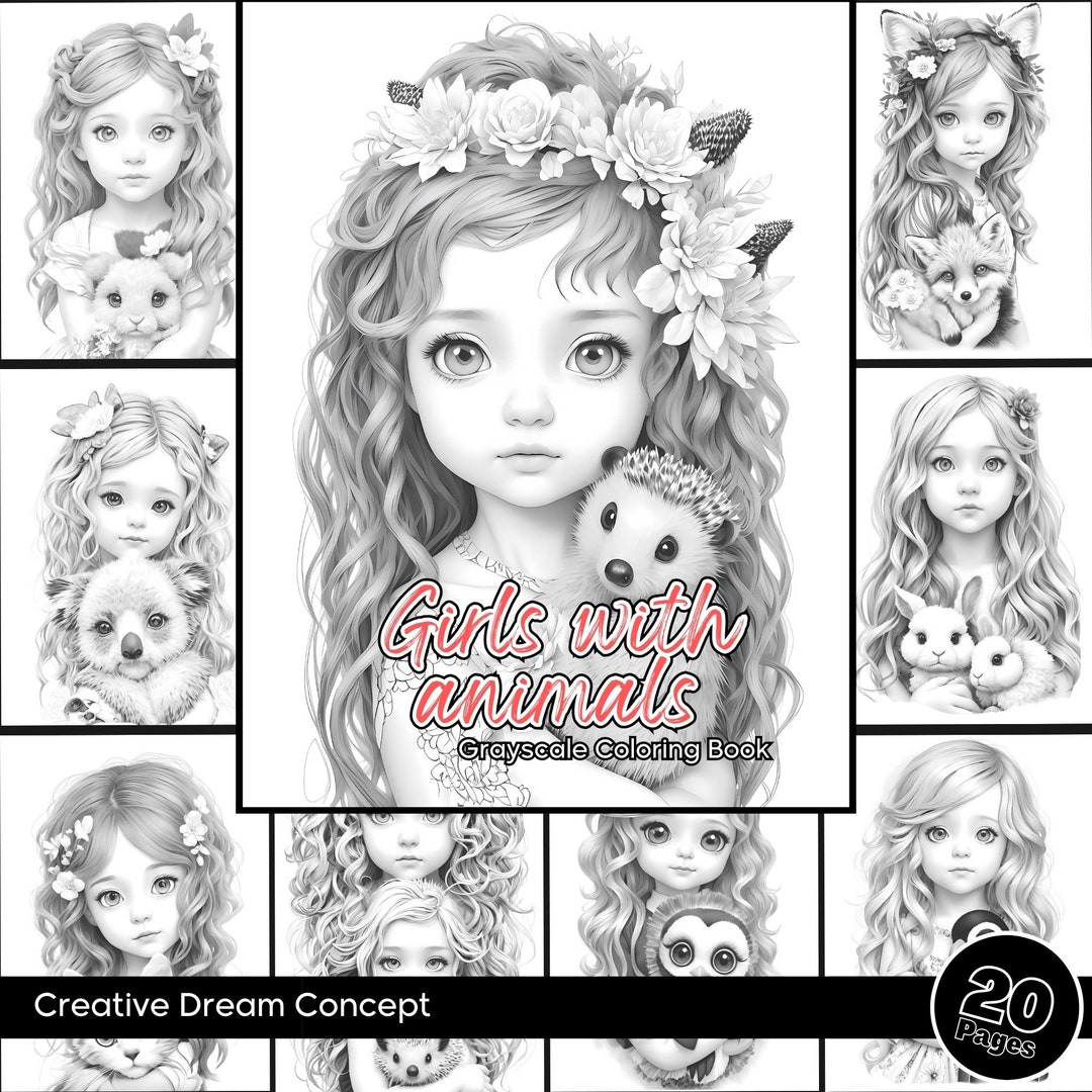 Adorable Girls With Animals Coloring Pages for Adults Instant Download ...