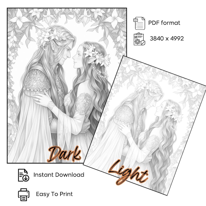 Elf Couples Coloring Page for Adults Beautiful Woman Coloring Book ...