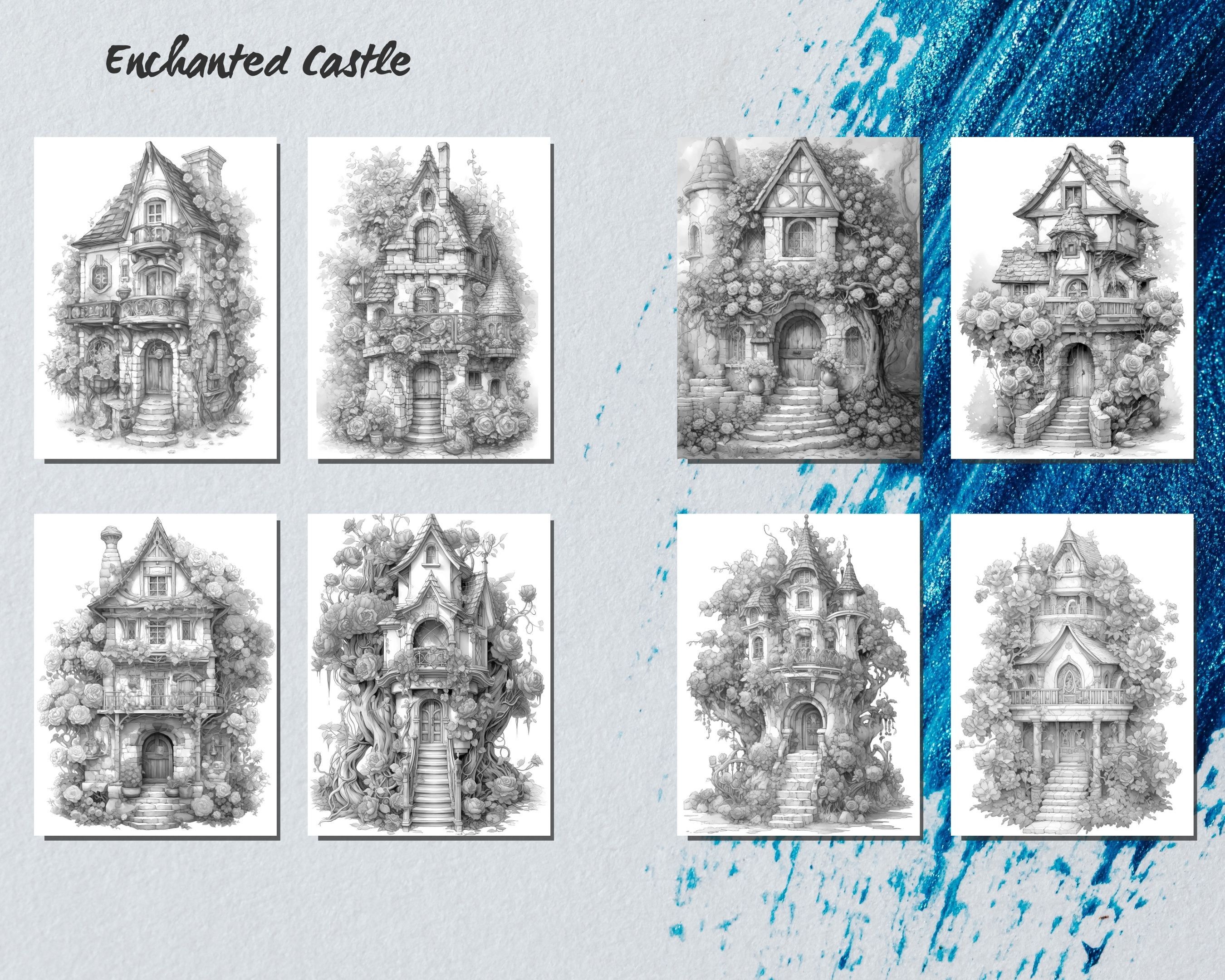 Enchanted Castle Coloring Pages for Adults Fort Flower House Grayscale ...