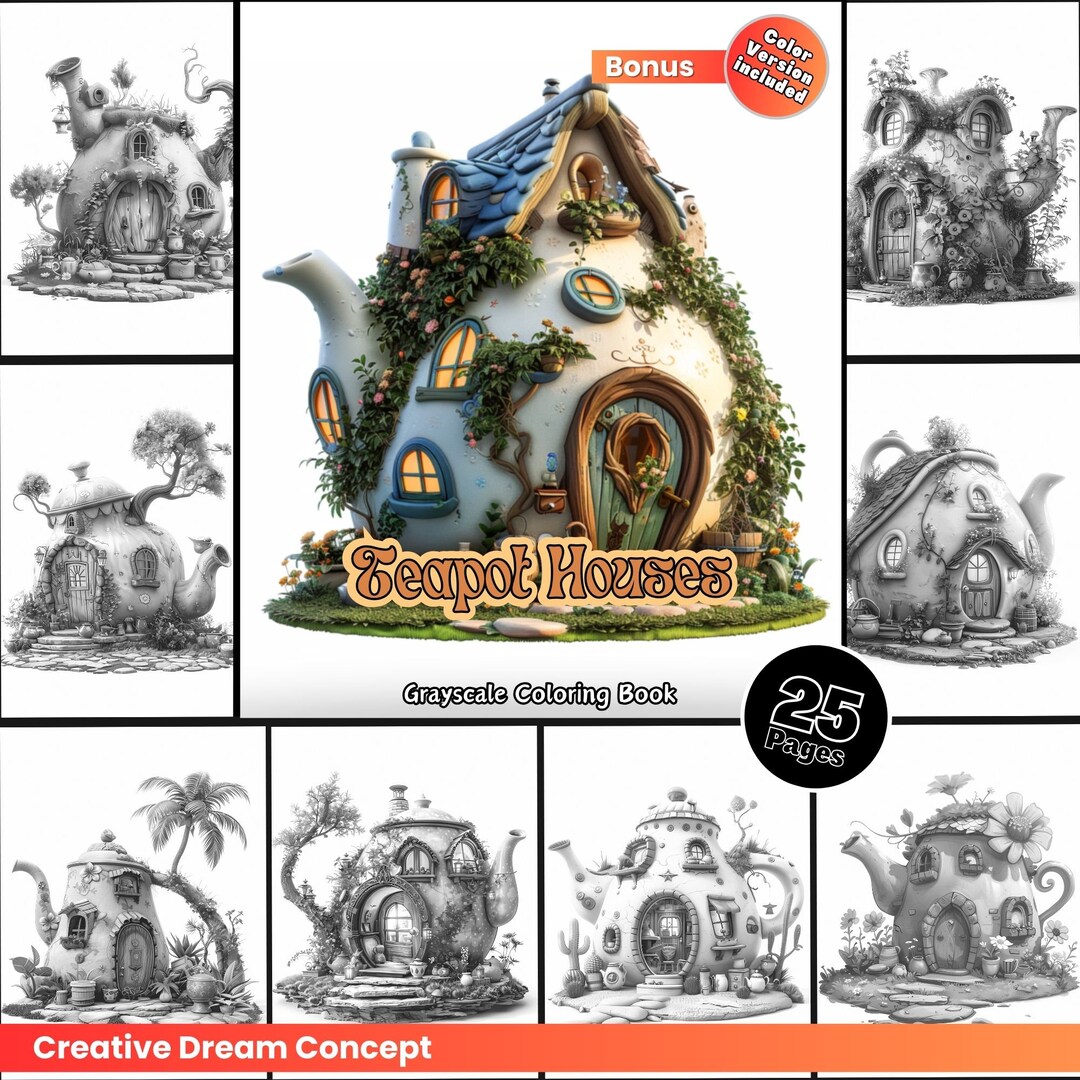 Teapot Houses Coloring Page for Adults Fantasy Homes Coloring Book ...