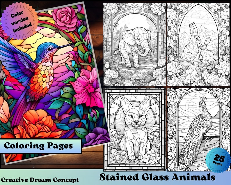 Stained Glass Animals Coloring Page for Adults and Kids Instant ...