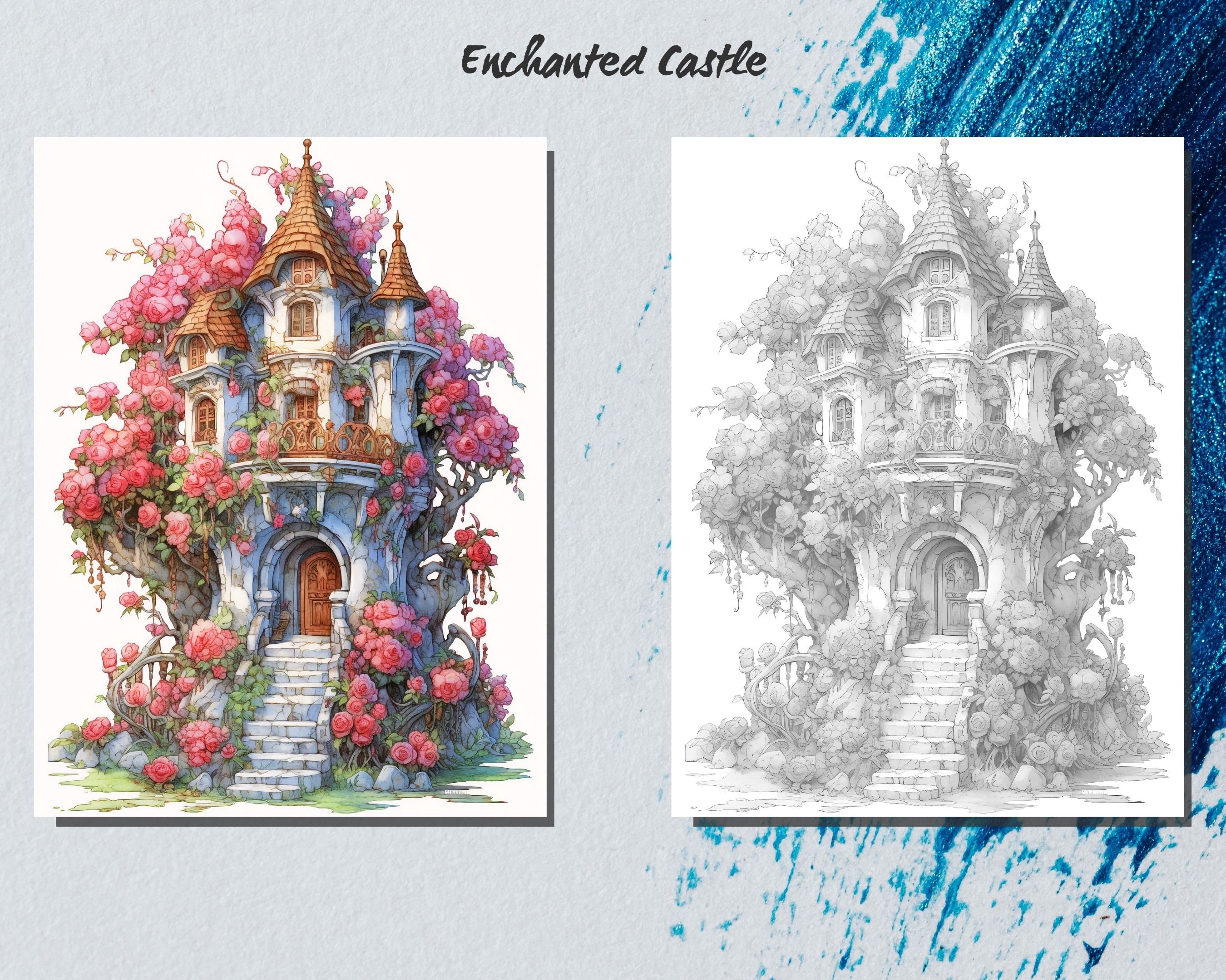 Enchanted Castle Coloring Pages for Adults Fort Flower House Grayscale ...