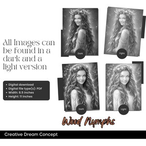 Wood Nymphs Coloring Page for Adults and for Kids Cute Girls Grayscale ...