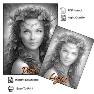 Wood Nymphs Coloring Page for Adults and for Kids Cute Girls Grayscale ...