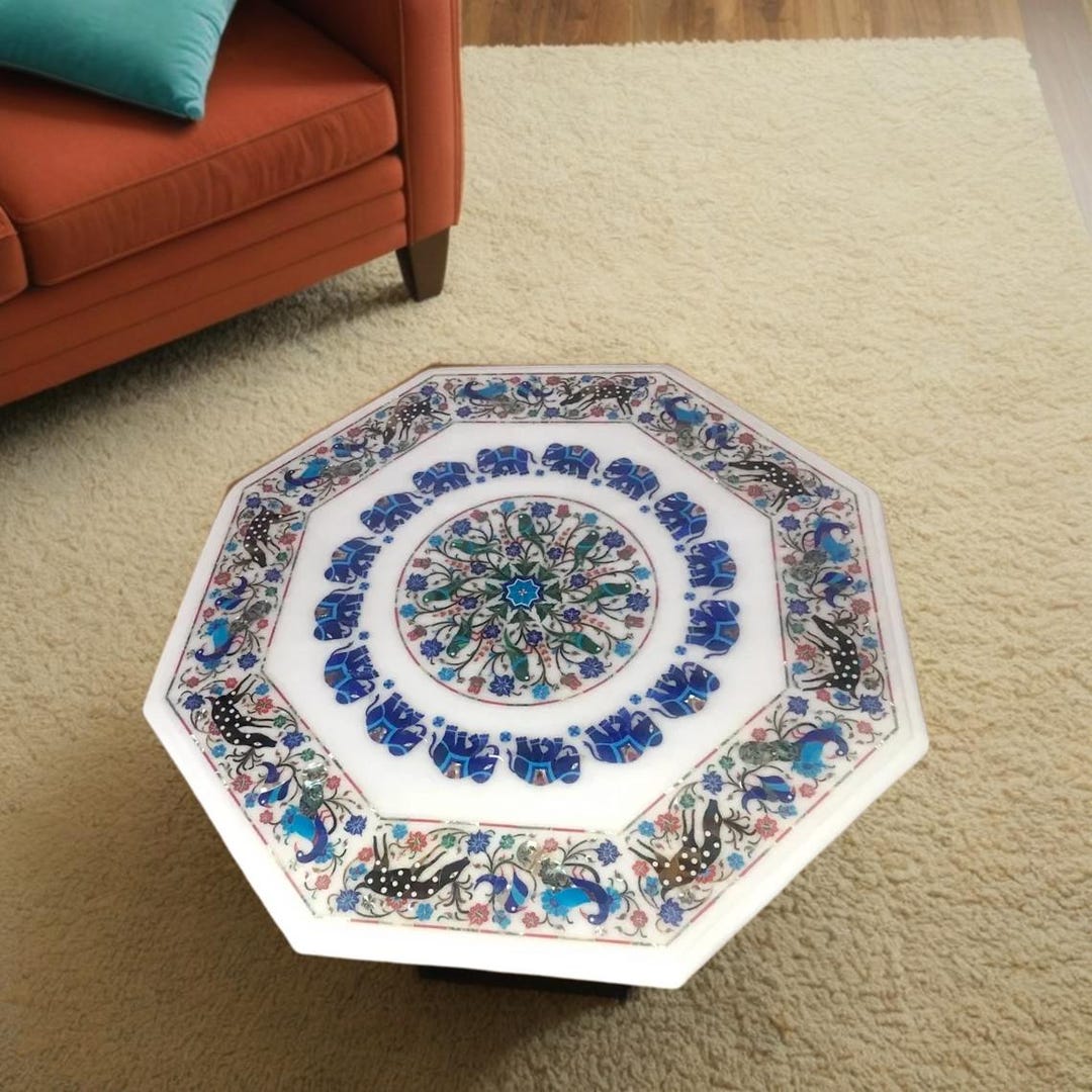 Coffee Table Top in White Marble Inlay Art, Indian Taj Mahal Inlaid Art ...