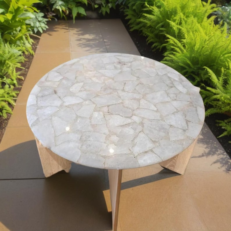Round White Quartz Gemstone Coffee Table Top Handmade Crystal Healing ...