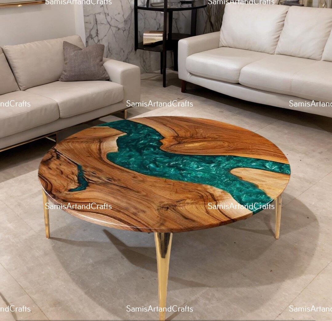 Round Walnut River Coffee Table With Green Epoxy, Custom Made - Etsy