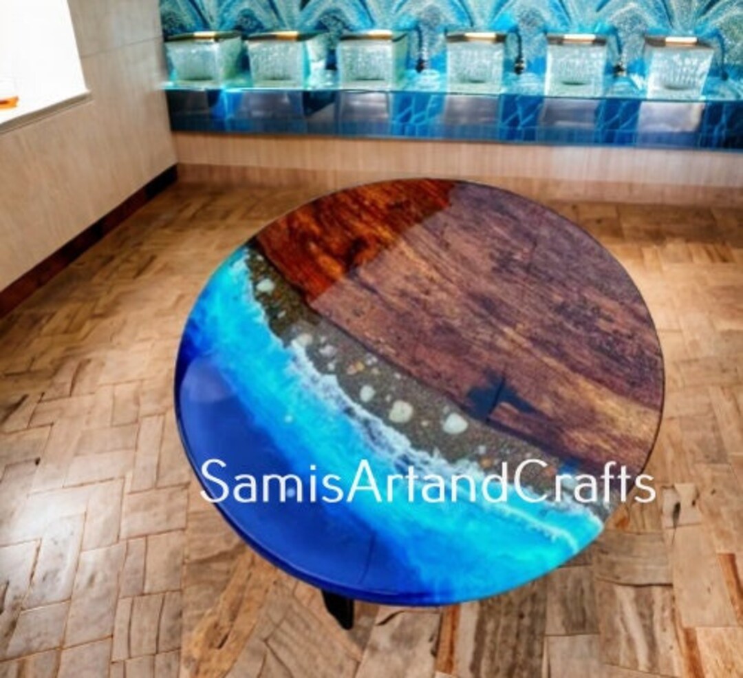 Round Ocean Epoxy Side Table, Epoxy Resin Waves Table, Epoxy Coffee ...