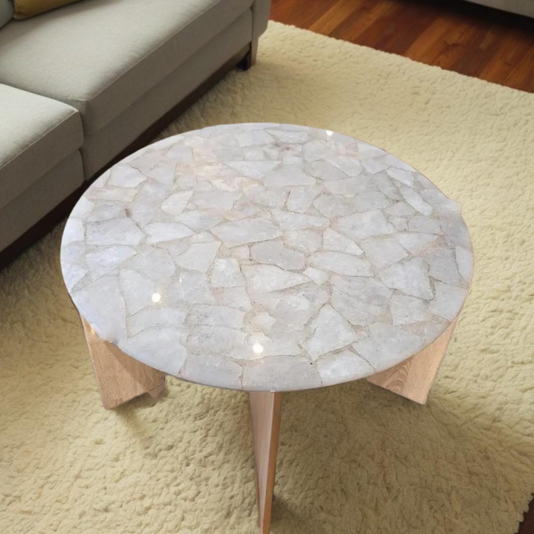 Round White Quartz Gemstone Coffee Table Top Handmade Crystal Healing ...
