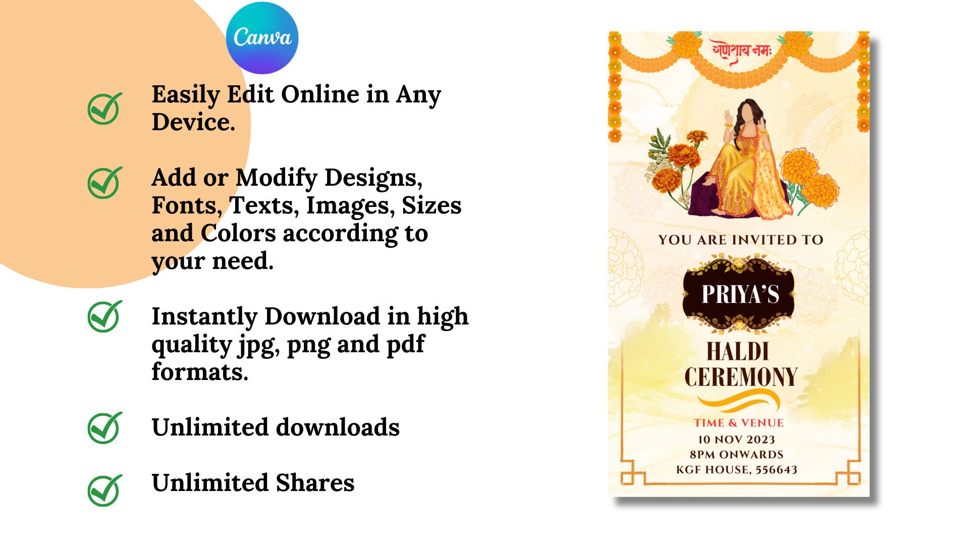 HALDI INVITATION CARD Template Canva Indian Haldi Invitation - Etsy