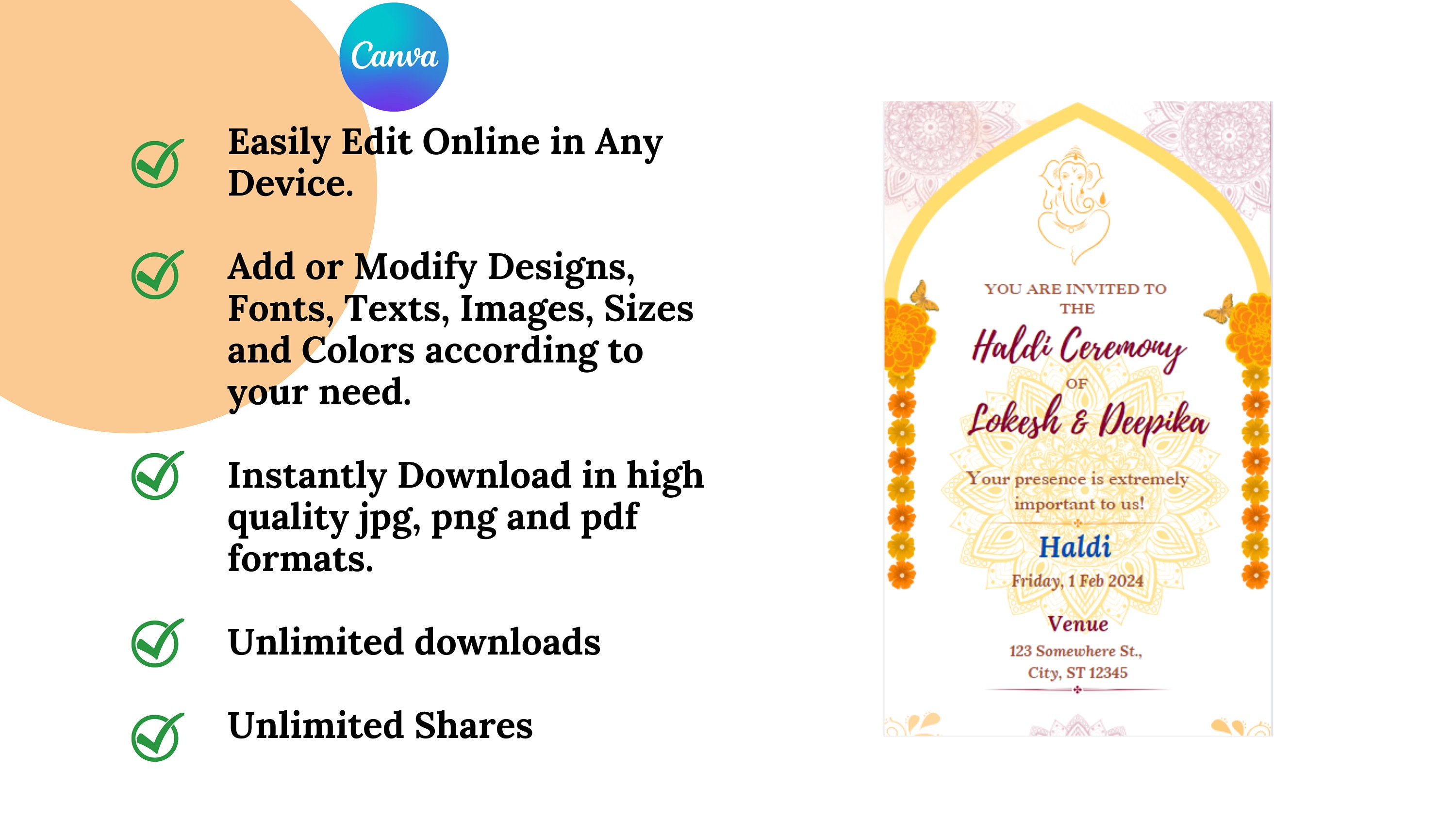 HALDI INVITATION CARD Template Canva Indian Haldi Invitation - Etsy