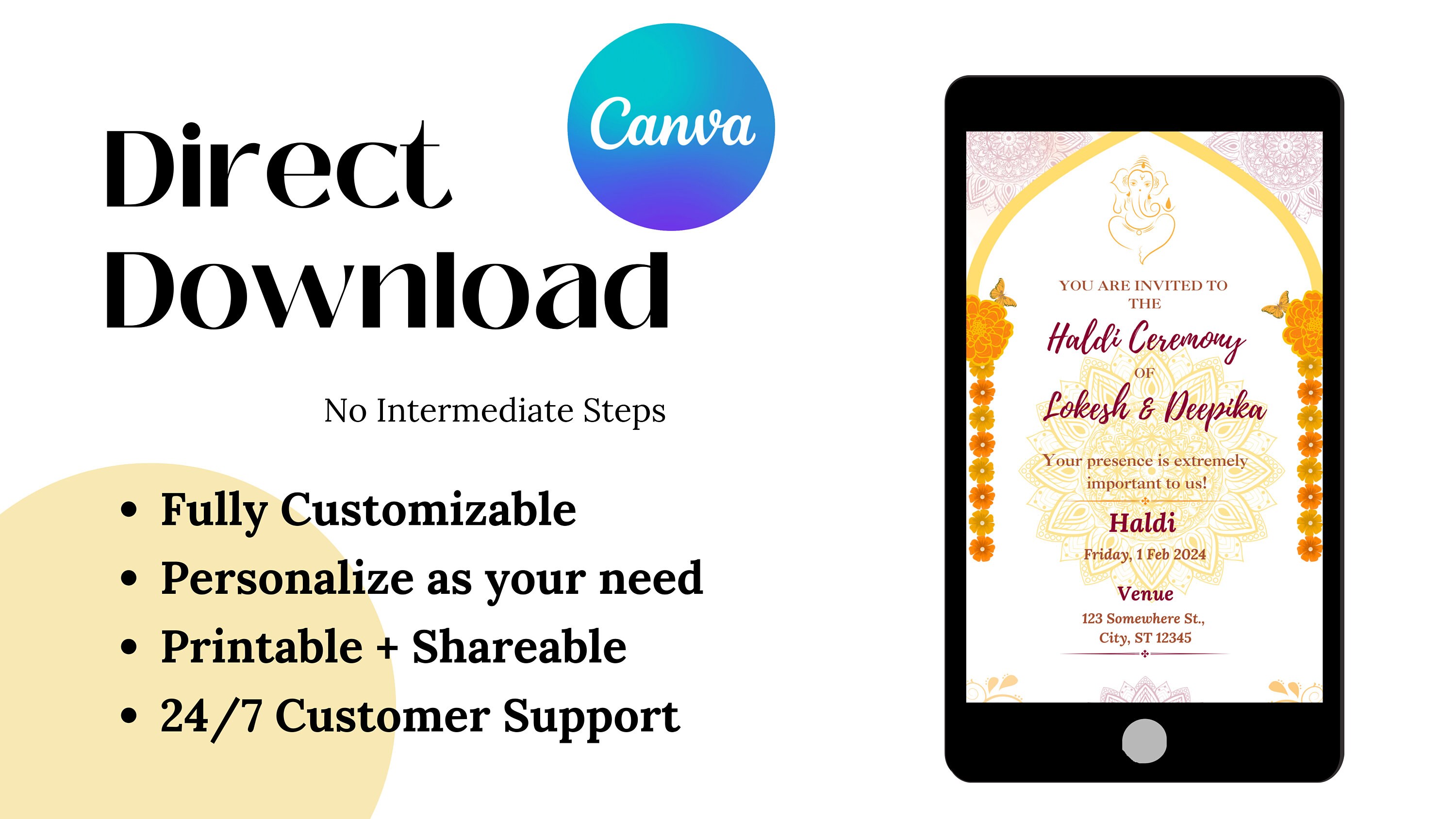 HALDI INVITATION CARD Template Canva Indian Haldi Invitation - Etsy