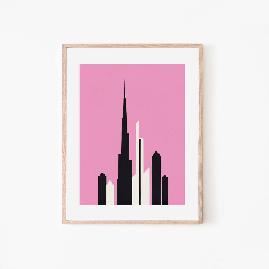 Minimalist Burj Khalifa Pink Tower Retro Poster Dubai Wall Art ...