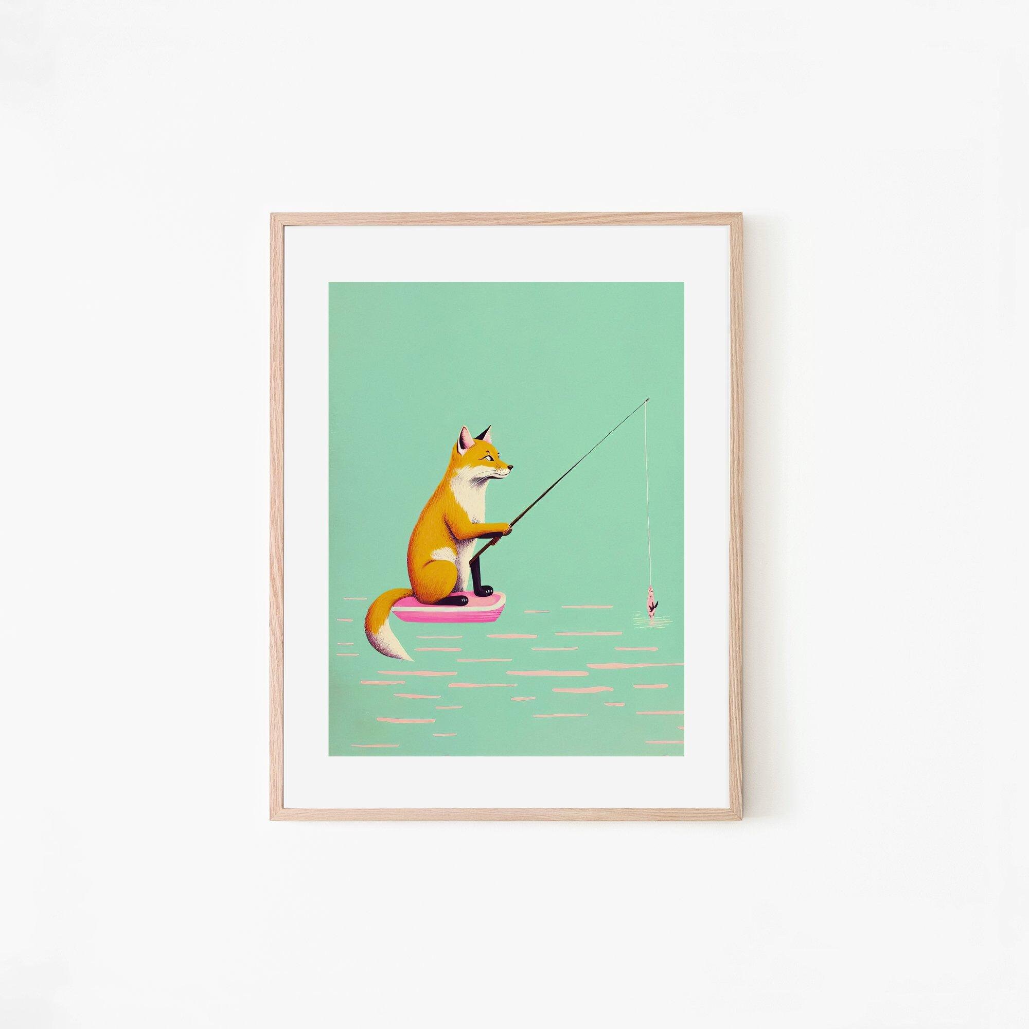Patient Fox Fisherman Retro Poster Pastel Art Kids Room Wall Art Kids ...