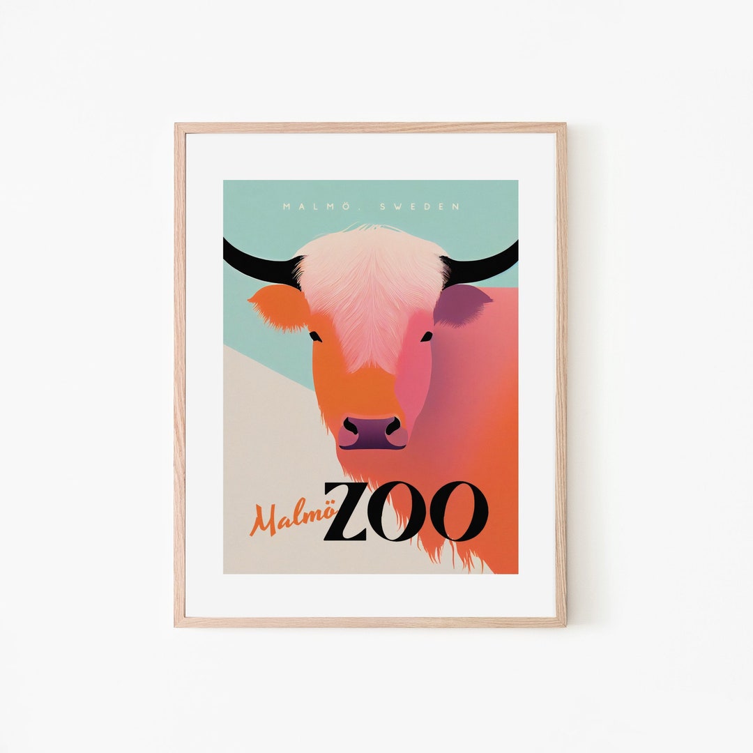 Malmo Zoo Retro Poster Yak Portrait Pink Orange Sweden Travel Poster ...