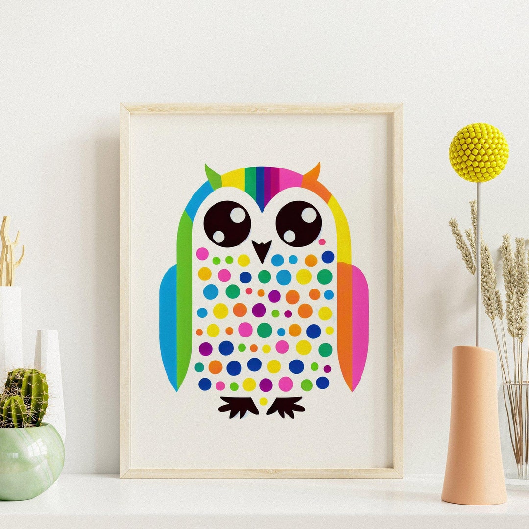Rainbow Owl Cute Kawaii Retro Kids Room Retro Poster Rainbow Wall Art ...