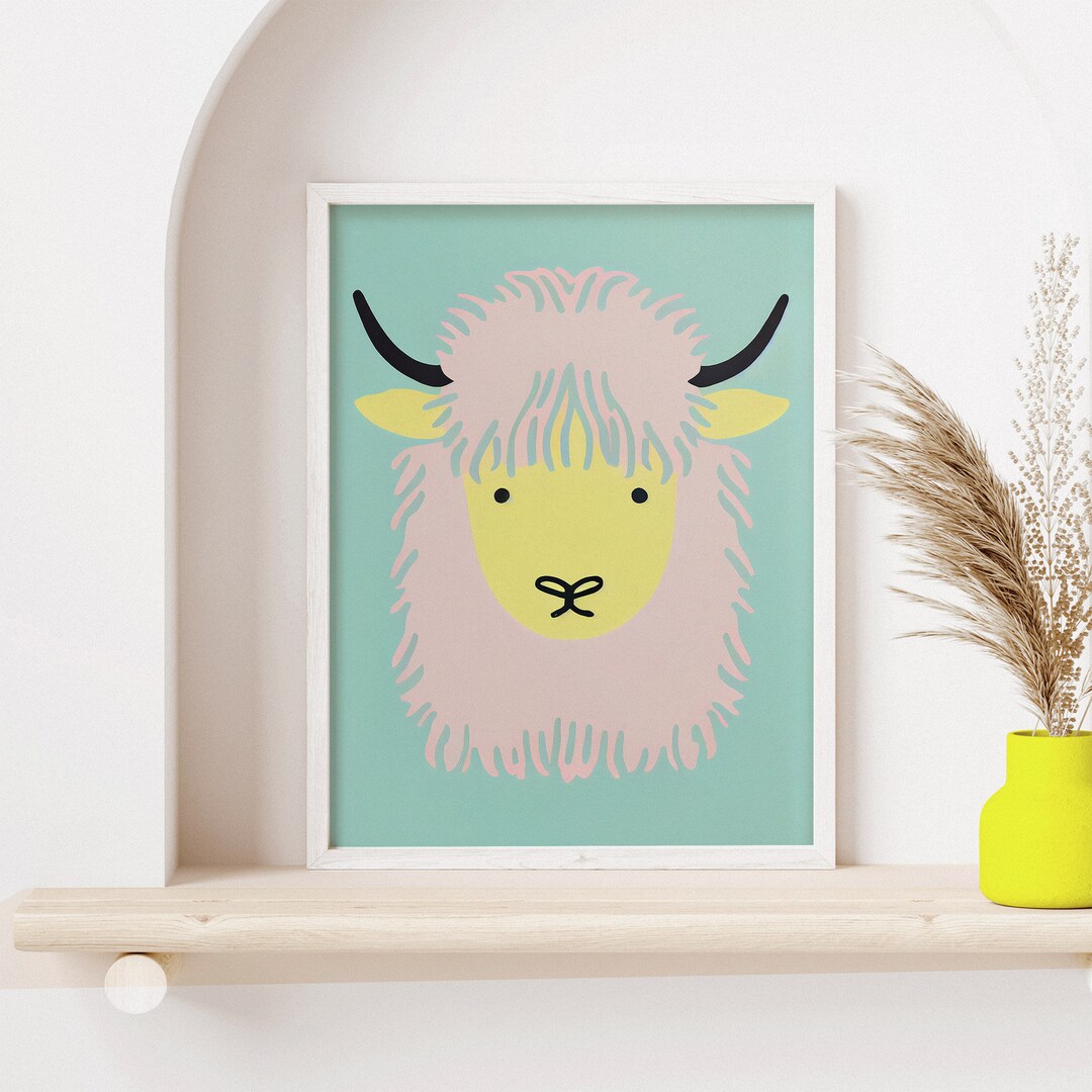 Turquoise Cute Yak Poster Subtle Pink and Yellow Shades Animal Art ...