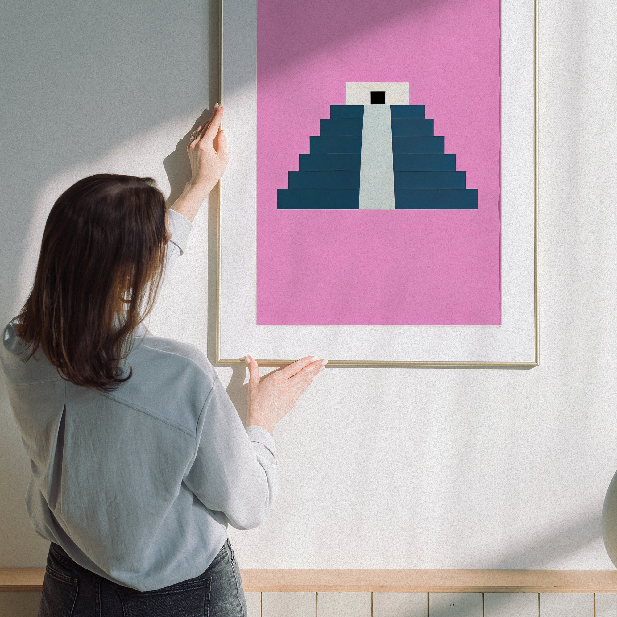 Chichen Itza Pink Minimalism Retro Poster Mexico Travel Mayan Ruins Art ...