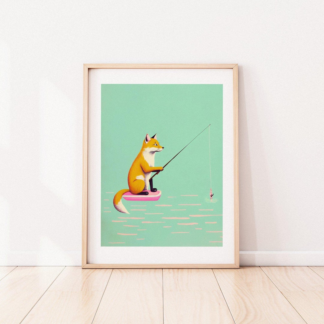 Patient Fox Fisherman Retro Poster Pastel Art Kids Room Wall Art Kids ...