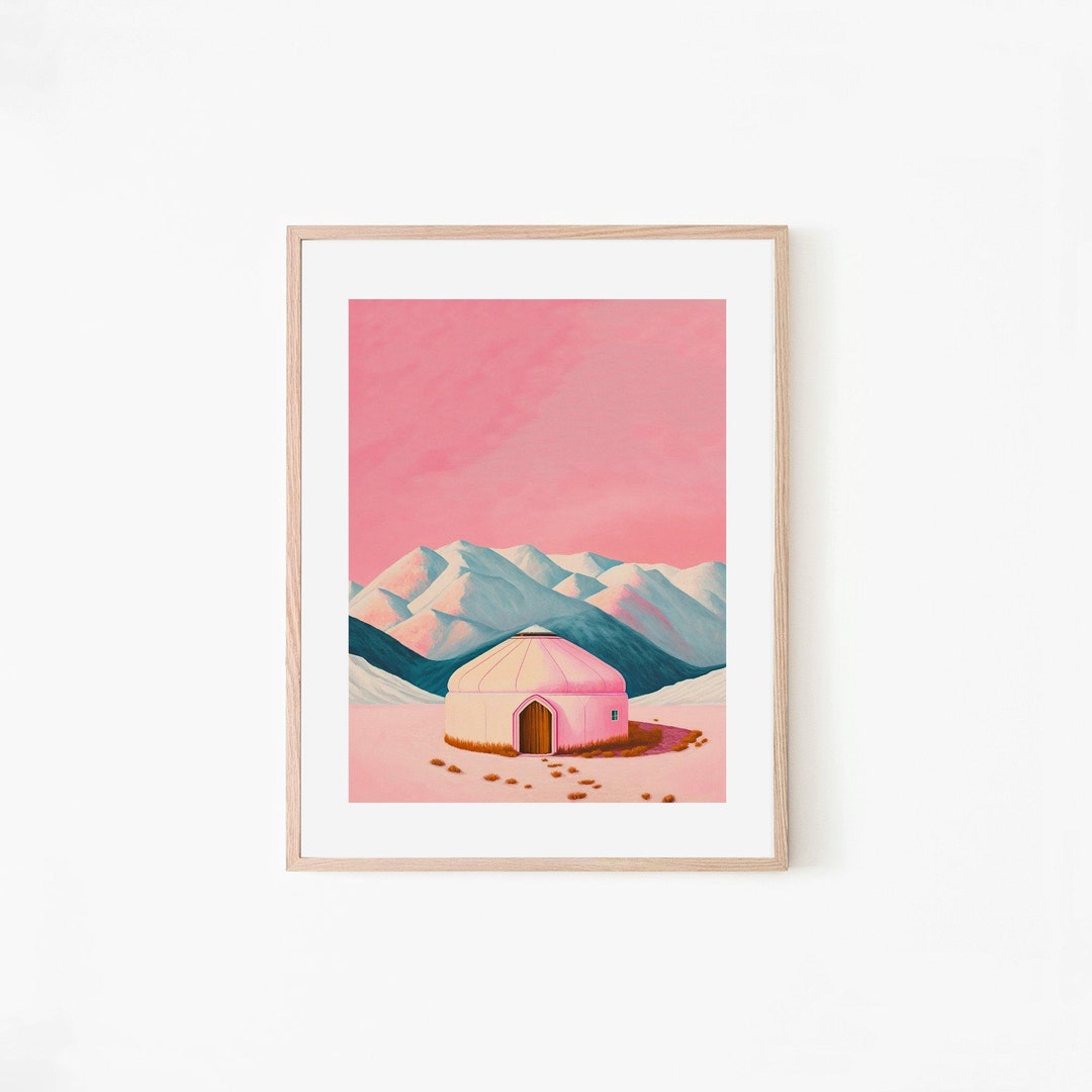 Landscape Pink Yurt Retro Pink Poster, Yurt Wall Art, Nomad, Kazakhstan ...