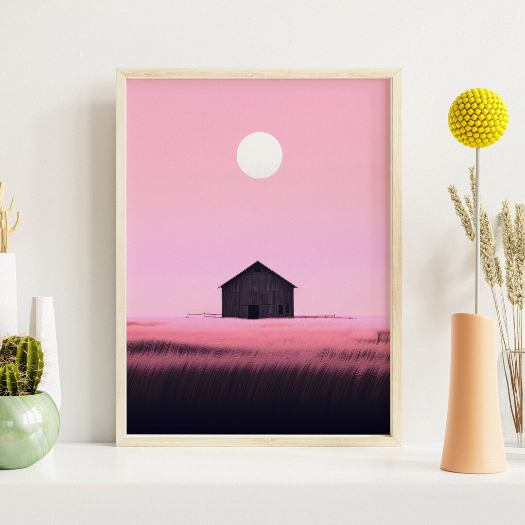 Moonlight Pastel Pink Barn, Rustic Morning Charm Art Print, Farmhouse ...