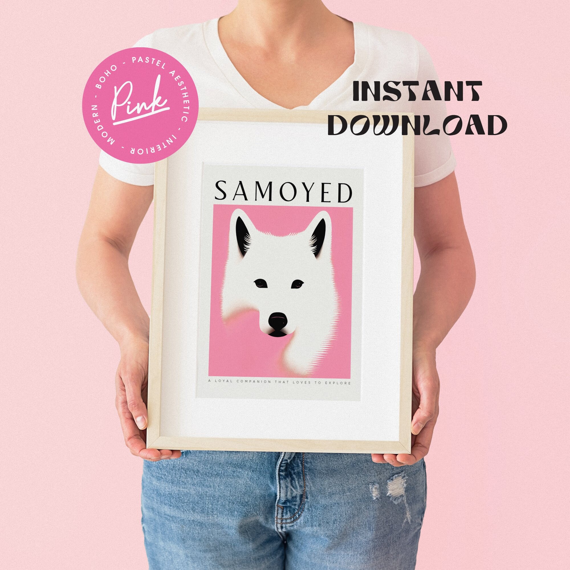 Pink Samoyed Retro Dog Poster Pet Art Vintage Trendy Art Print Dog Poster Vintage Dog Art Print ...
