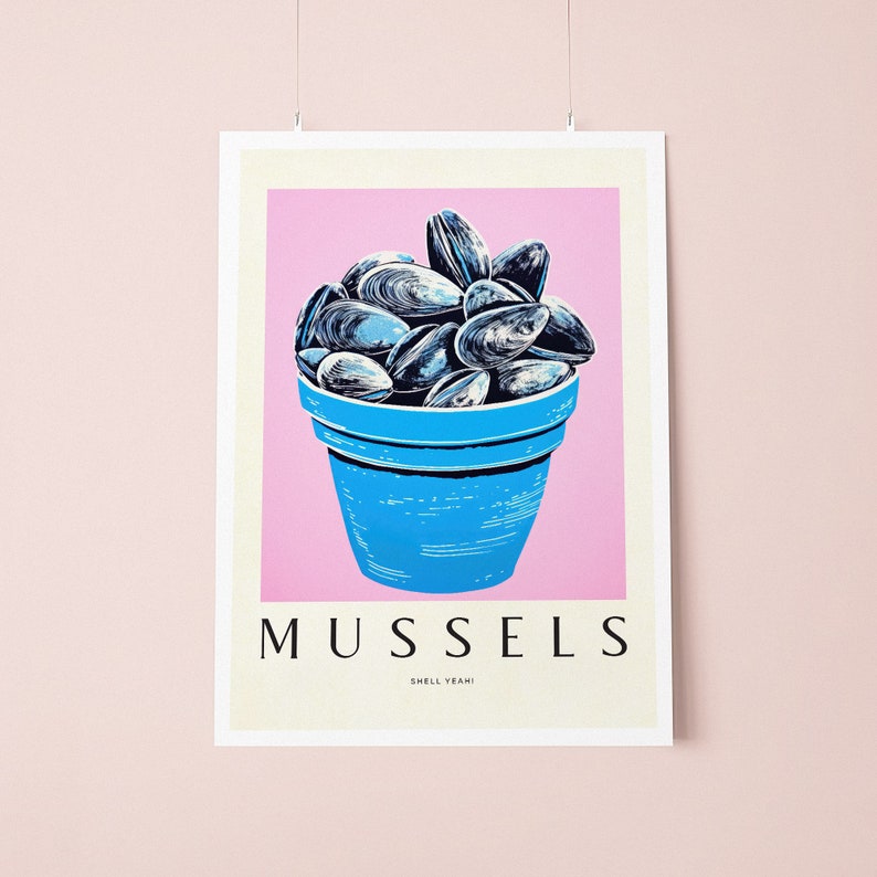 Mussels Retro Art Print, Shell Yeah Humorous Vintage Poster, Sea Life ...