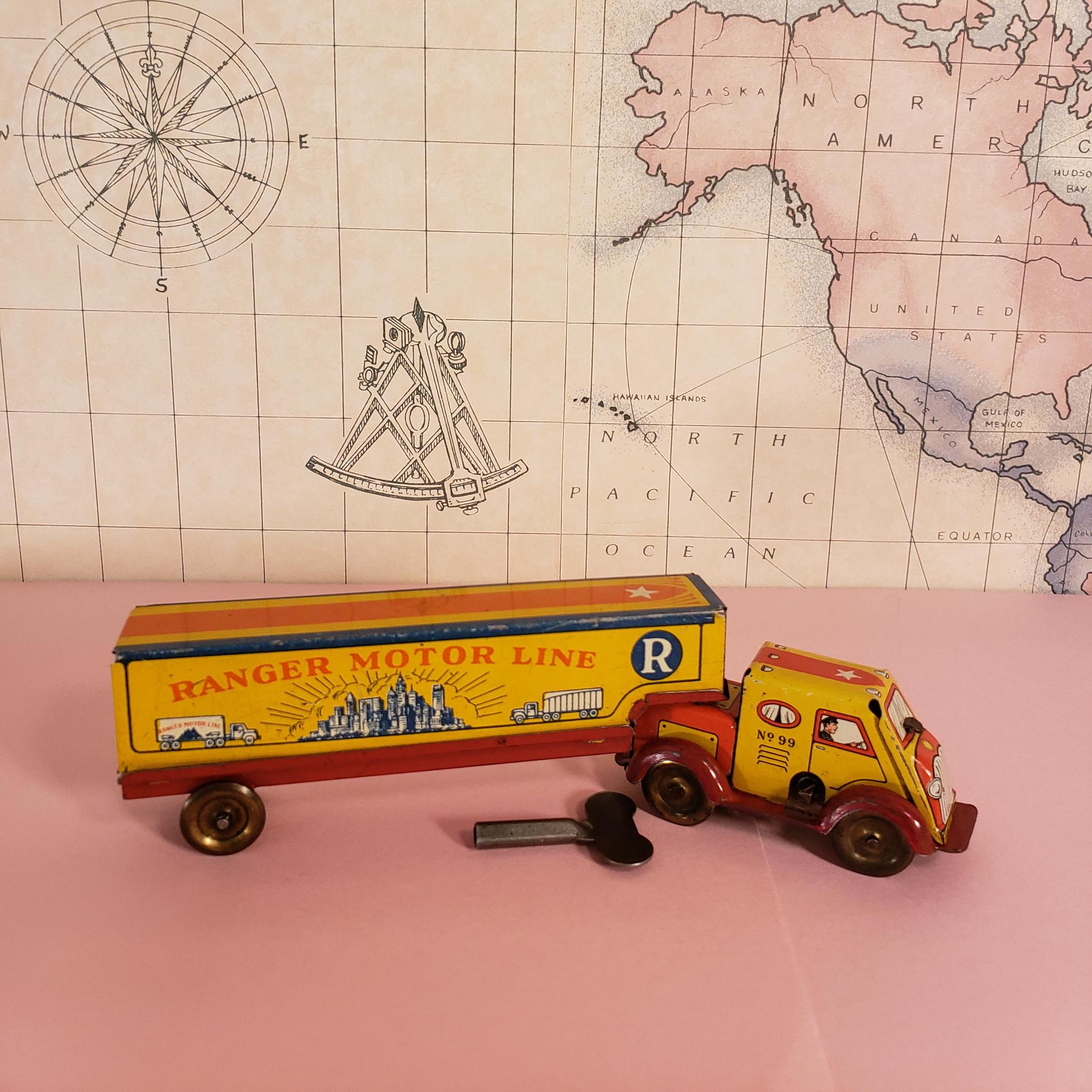 Vintage 1950's Ranger Tin Litho Windup Semi Truck With Sleeper Cab Toy ...
