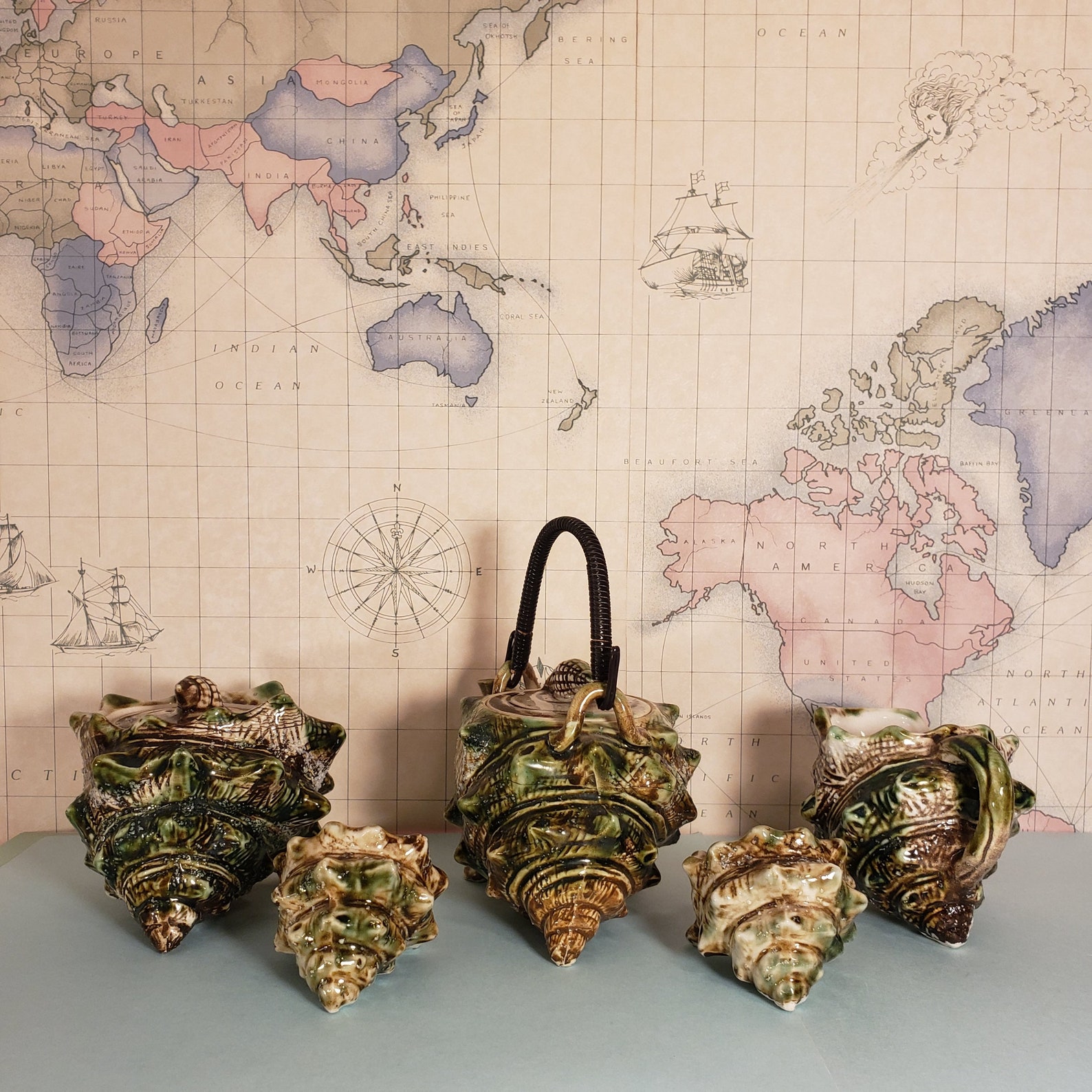 Vintage Conch Shell Art Pottery Florida Souvenir Tea Set Majolica Glaze ...
