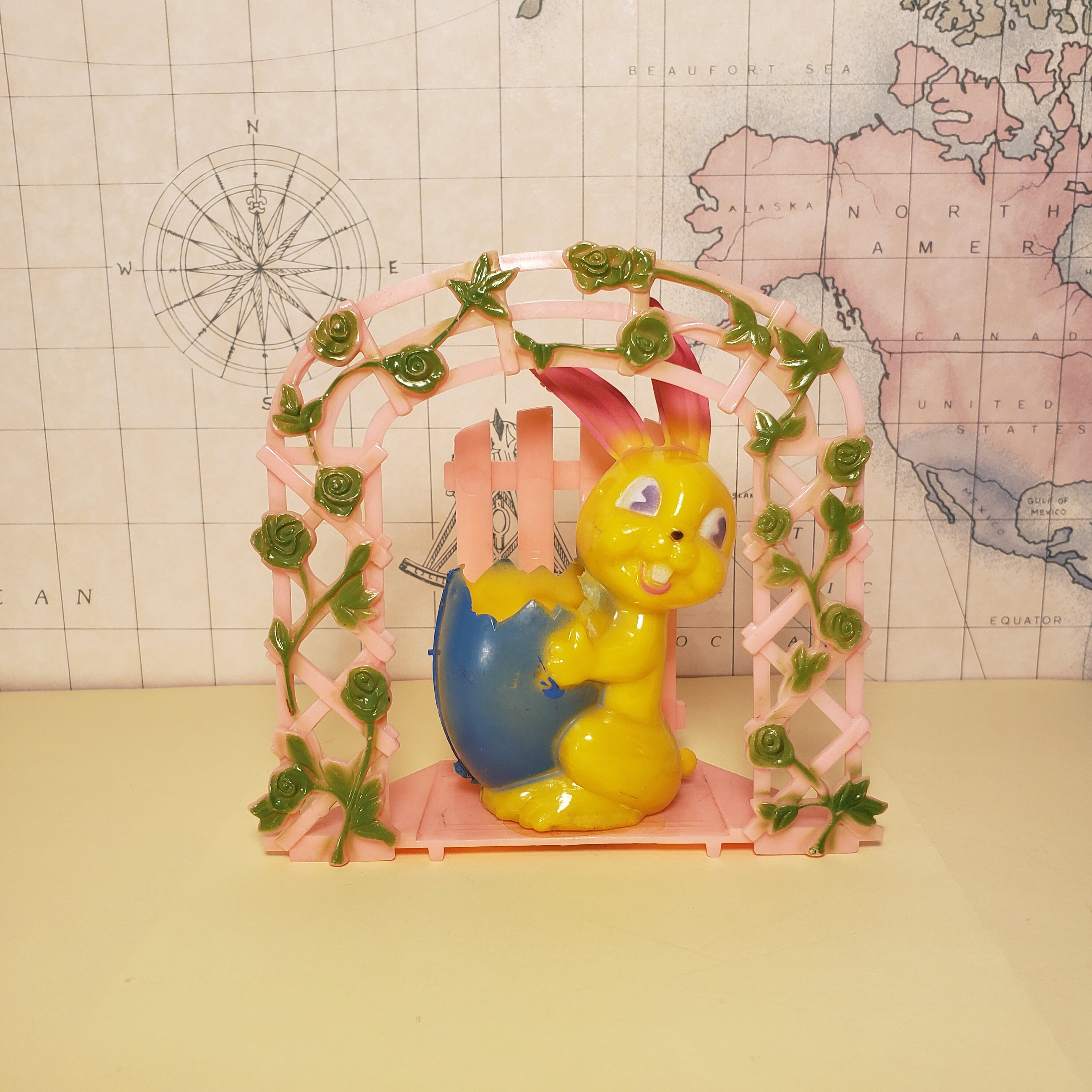 Vintage 1950's Hard Plastic Easter Bunny Rabbit Under Trellis With Egg ...