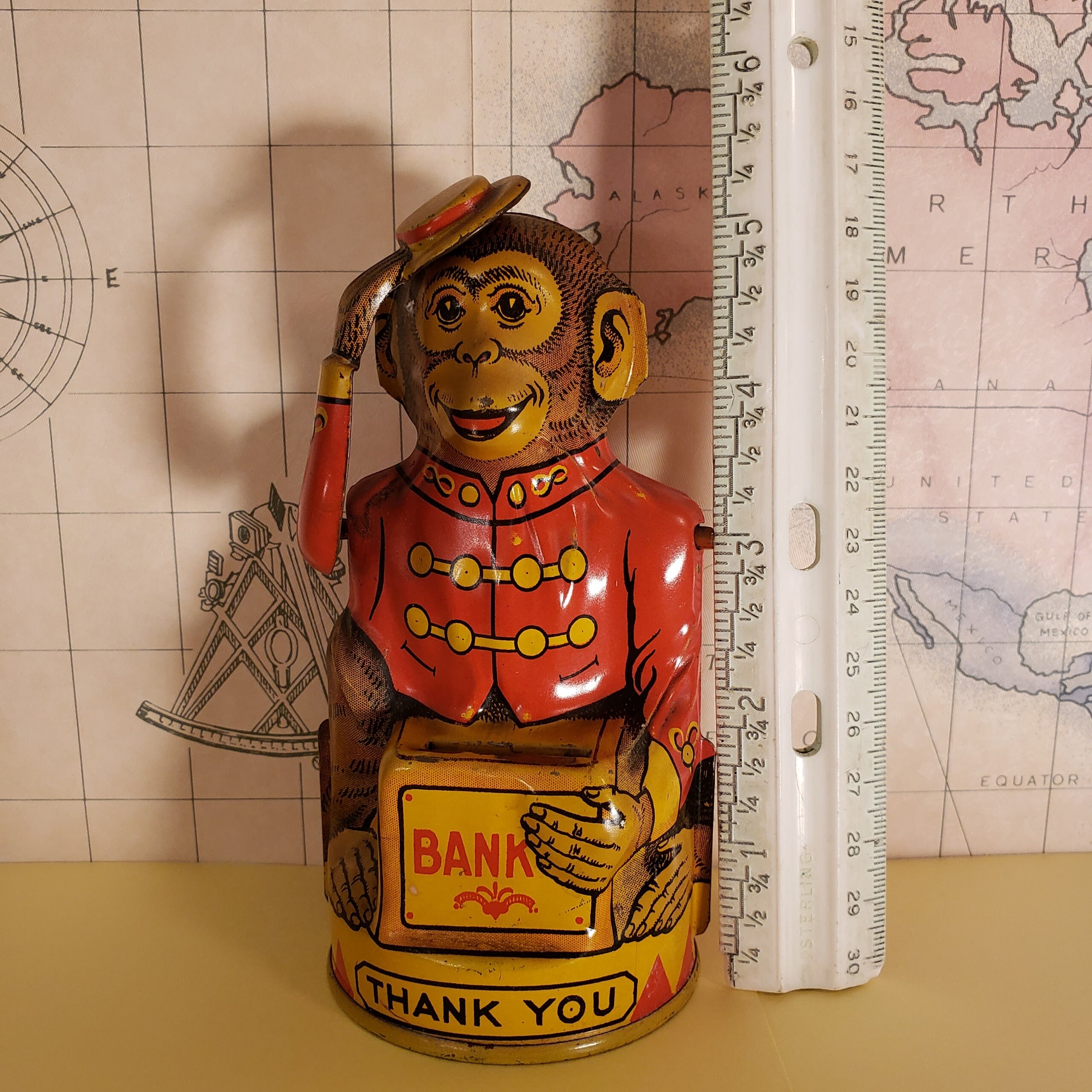 Vintage J Chein 1940's to 1950's Tin Litho Monkey Bank With Tipping Hat ...