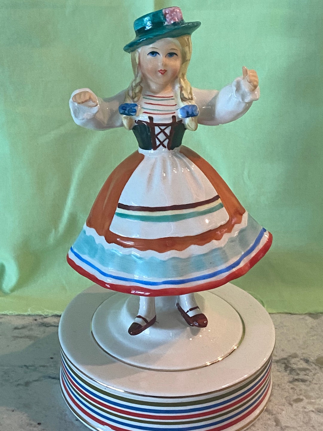Vintage Schmid Music Box Porcelain German Girl With Ruffled Dirndl ...