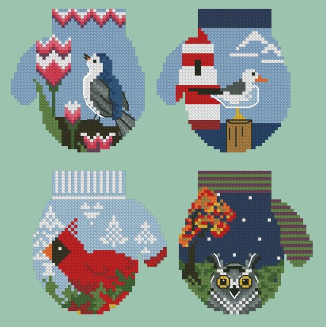Four Seasons Mittens SET of 4 Cross Stitch Patterns Cute Owl Lighthouse ...