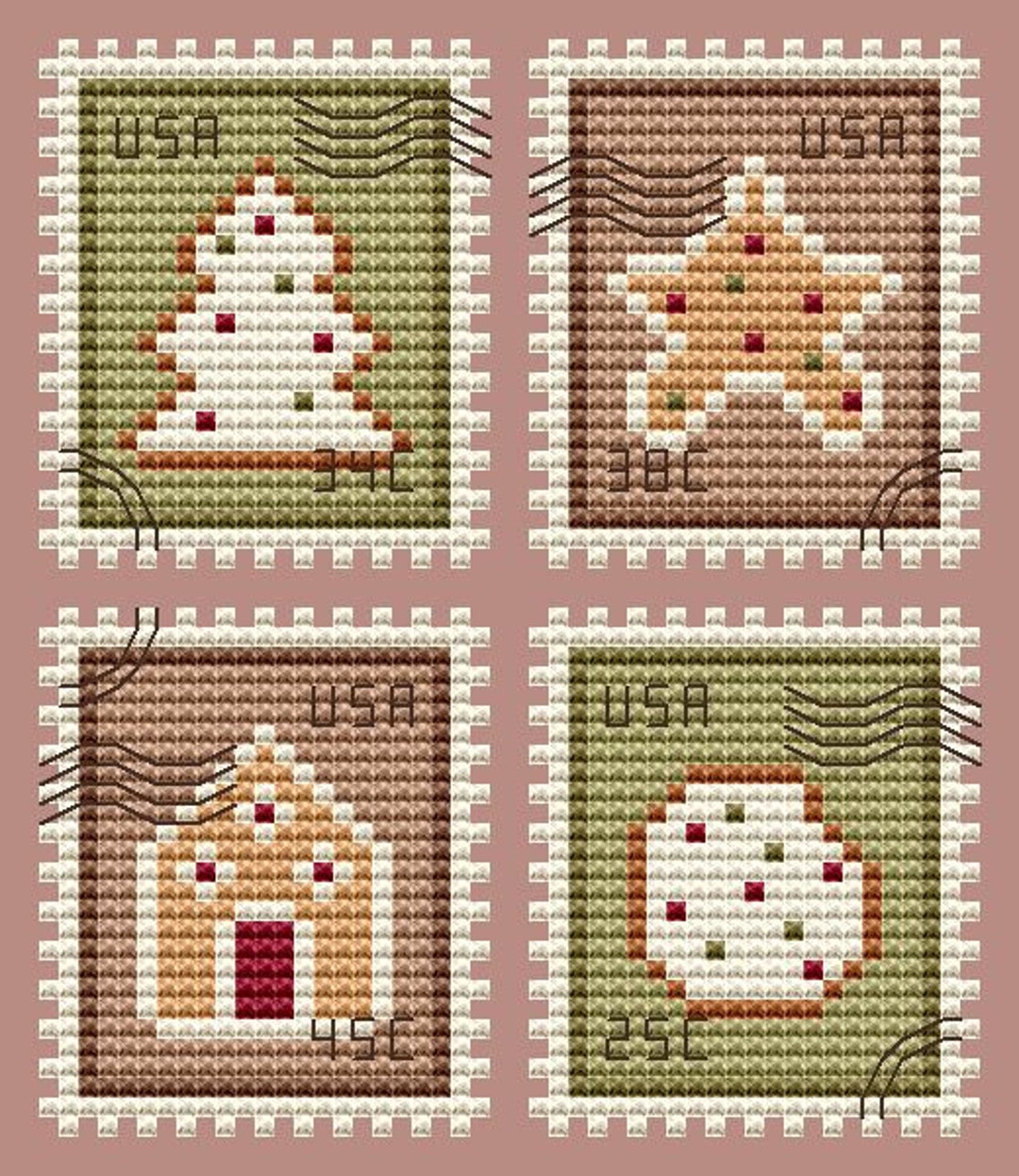 Gingerbread Postage Stamps Cross Stitch Pattern Christmas Tree Winter ...