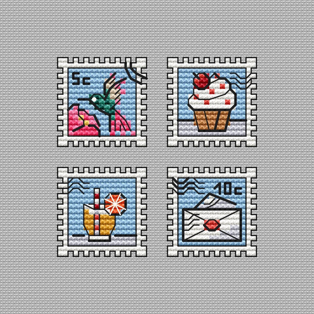 Summer Postage Stamps Cross Stitch Pattern: Bird, Cake, Cocktail (PDF ...