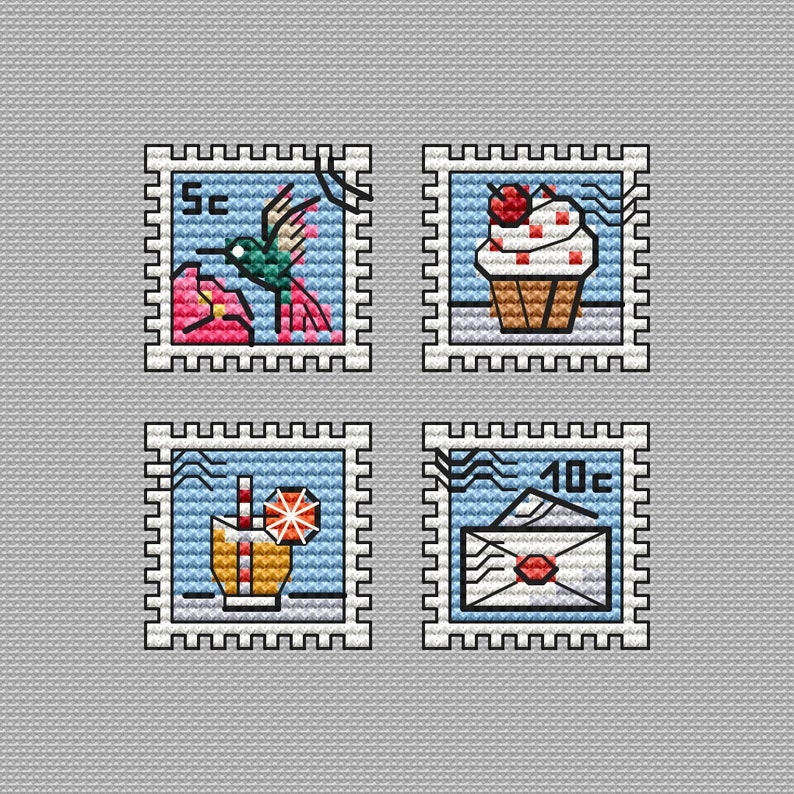 Summer Postage Stamps Cross Stitch Pattern: Bird, Cake, Cocktail (PDF ...