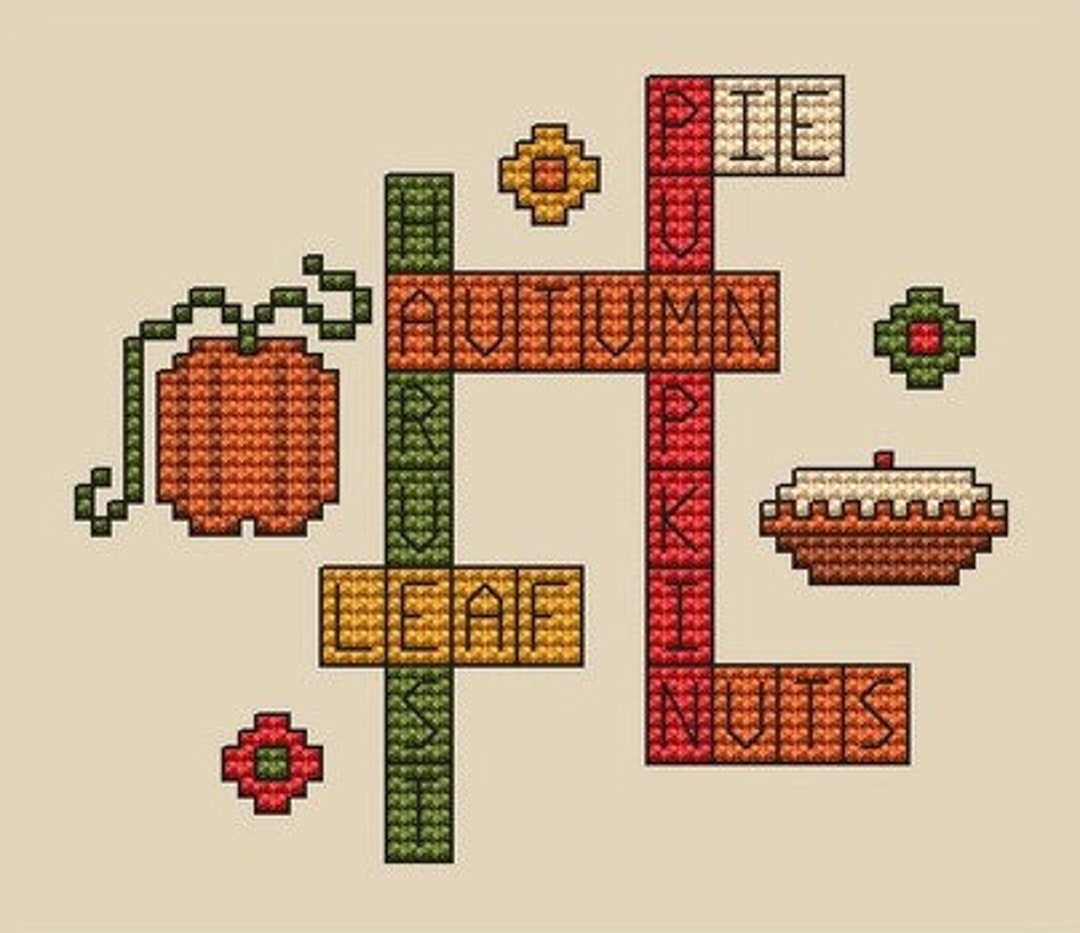 Autumn Crossword Cross Stitch Pattern Autumn Sampler Pumpkin Cross ...