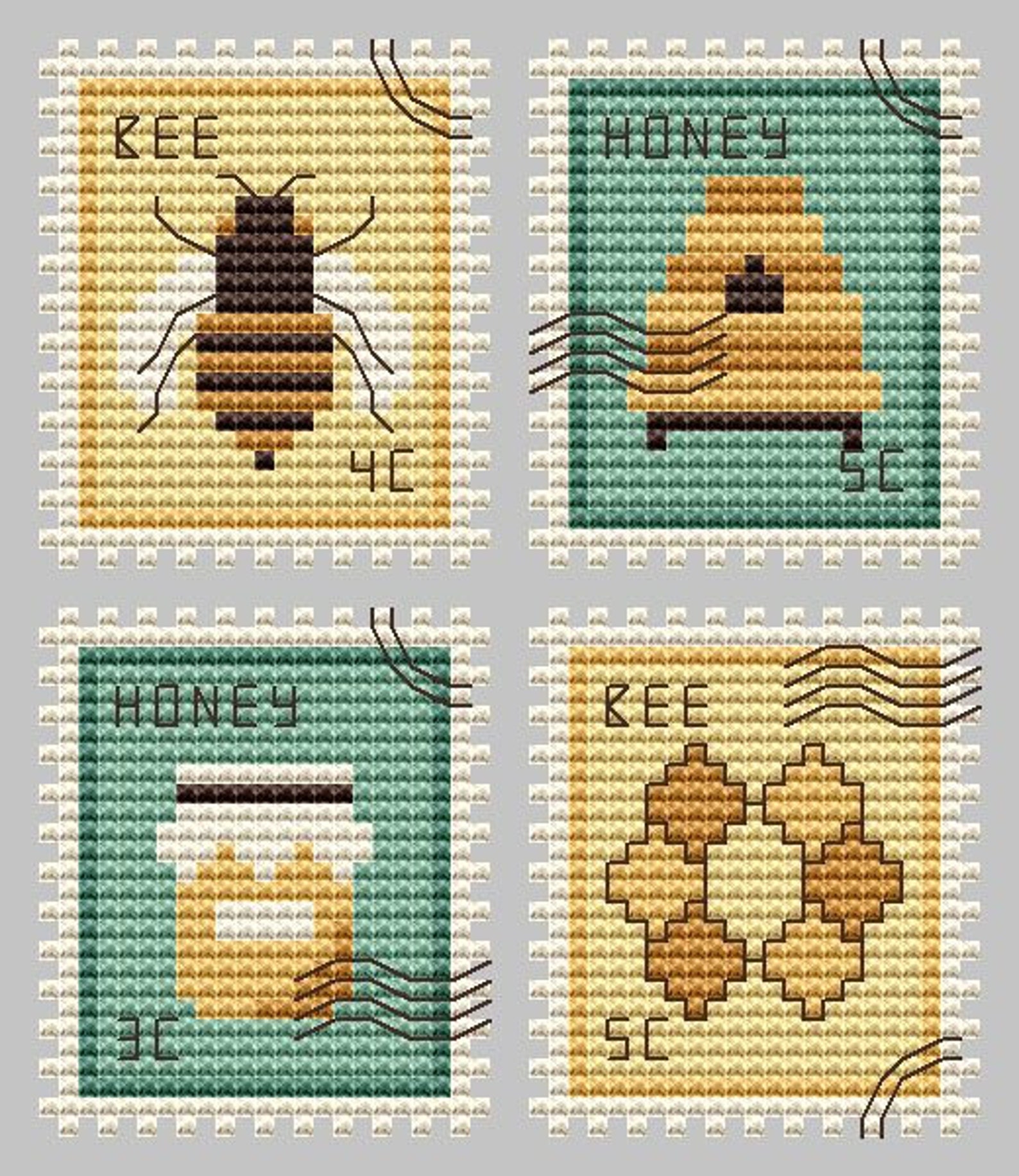 Bee Postage Stamps Cross Stitch Pattern Honey Bee Insect Cross Stitch ...