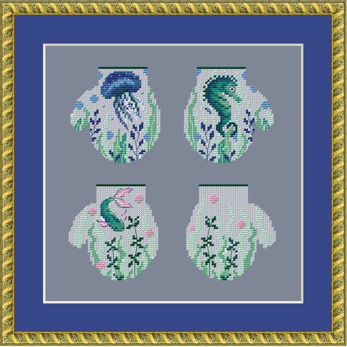 Mittens Undersea World Cross Stitch Pattern Sea Horse Jellyfish Cross ...